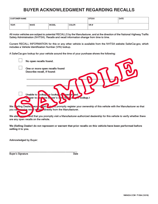 Buyer Acknowledgement Regarding Recall – New Mexico Independent Auto ...